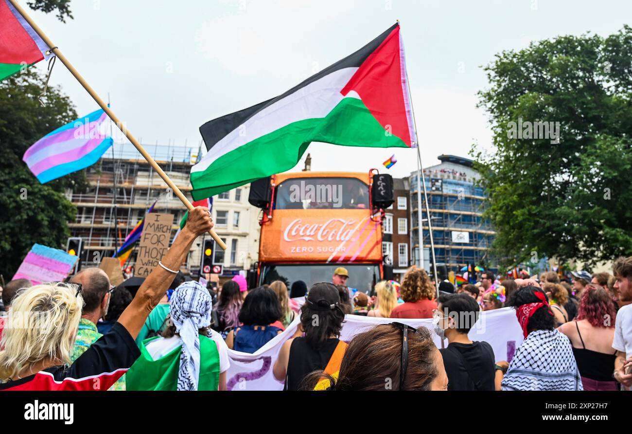 Brighton UK 3rd August 2024 - A Pro Palestine protest surrounds and ...