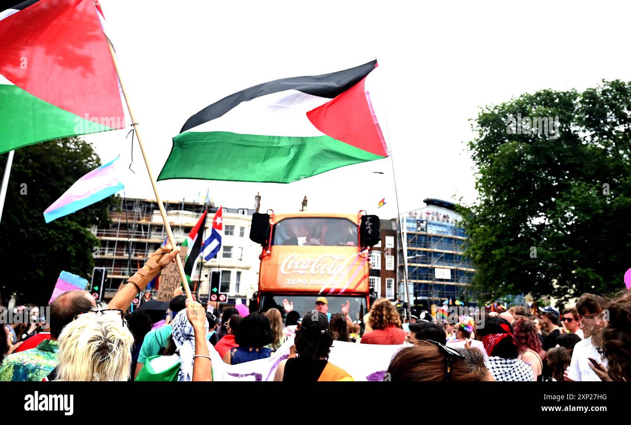 Brighton UK 3rd August 2024 - A Pro Palestine protest surrounds and ...