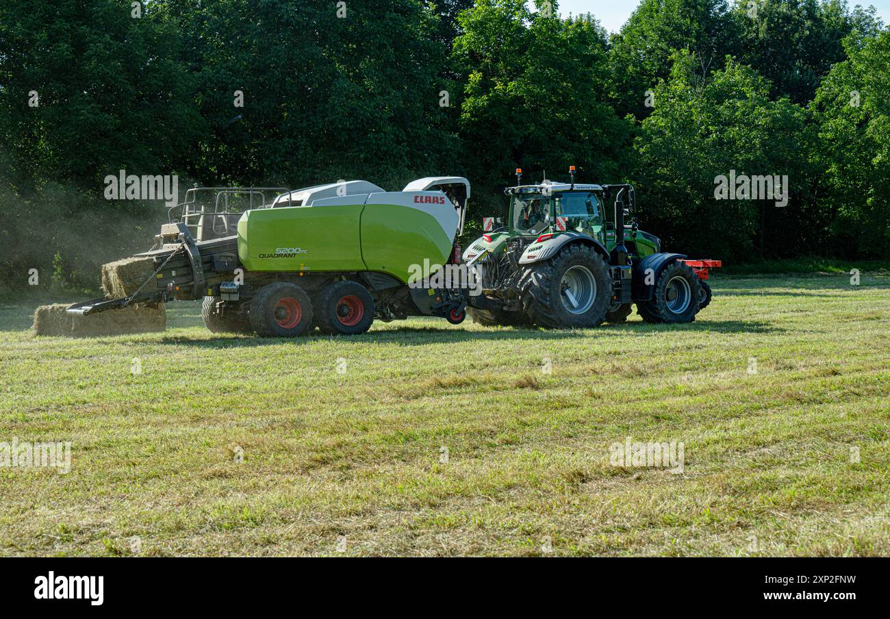 Hay baling, tractor collecting and making hay on a farm Stock Photo - Alamy