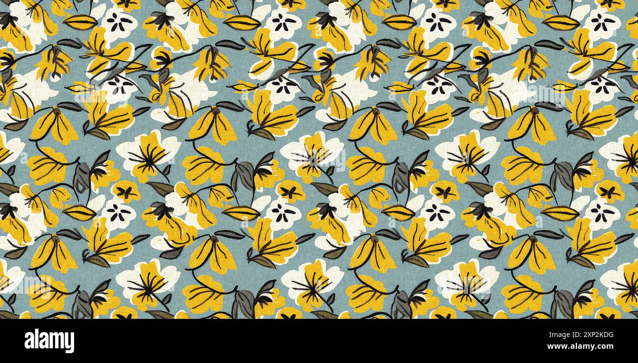 Modern printed fabric flower block print pattern with linen texture ...