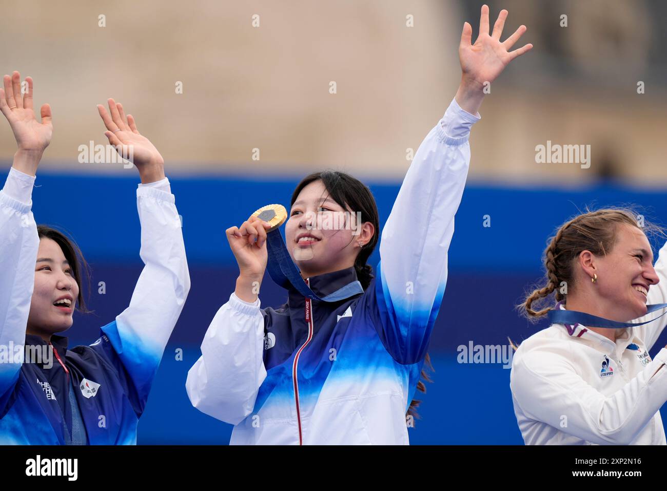 South Korea's Lim Si-hyeon, center, stands on the podium with the women ...