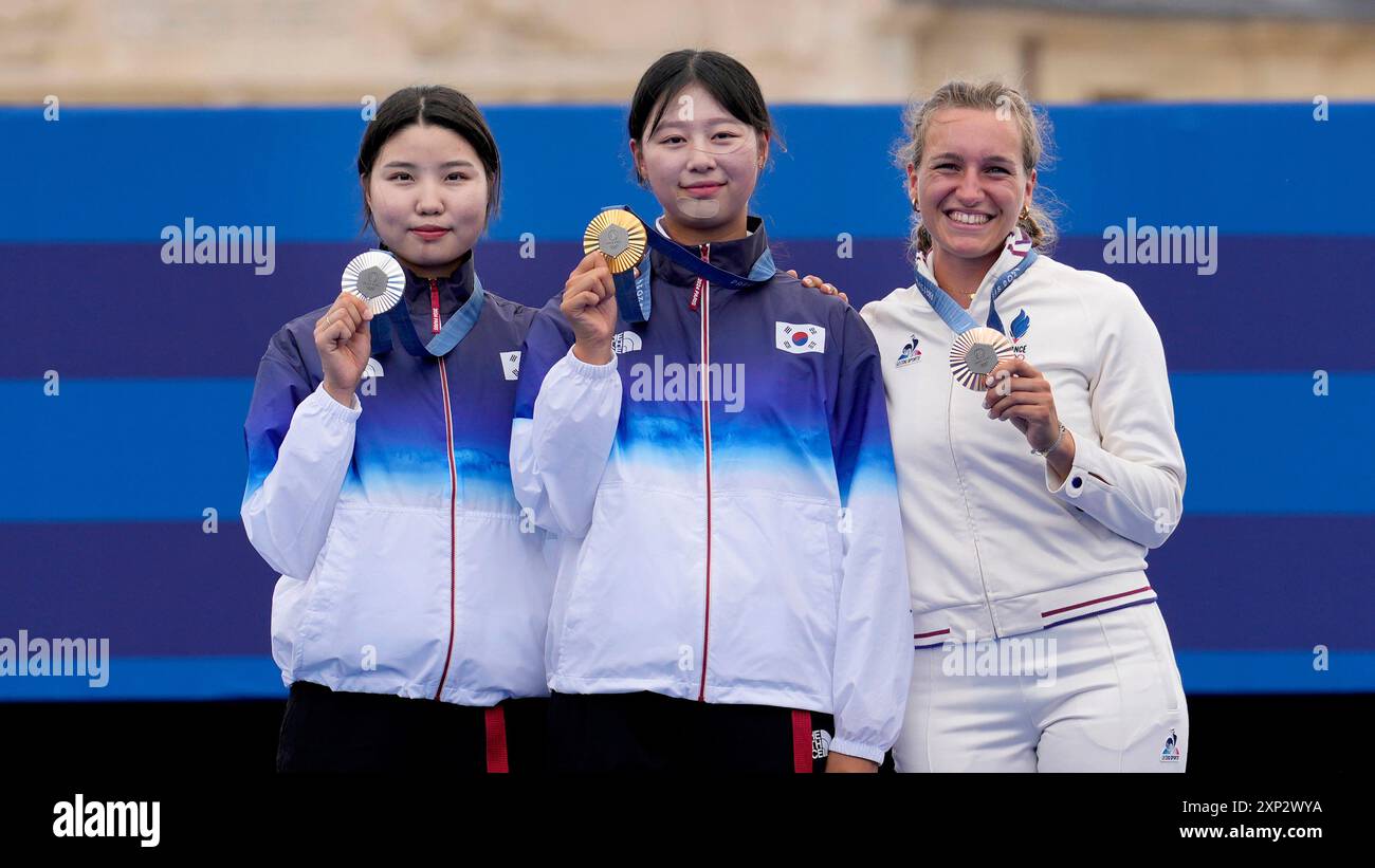 South Korea's Lim Si-hyeon, center, stands on the podium with the women ...