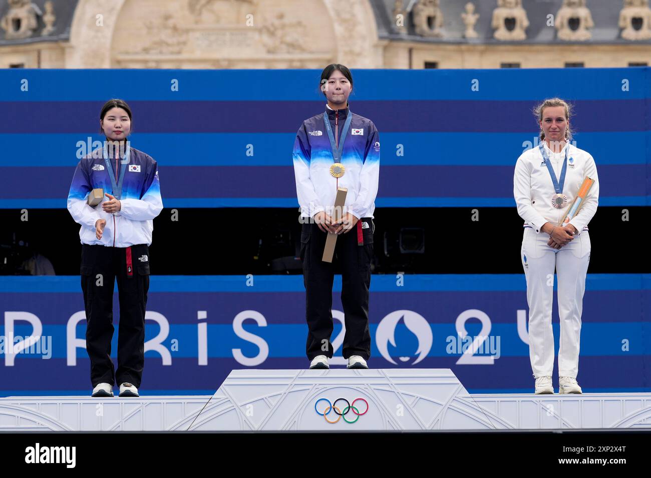 South Korea's Lim Si-hyeon, center, stands on the podium with the women ...