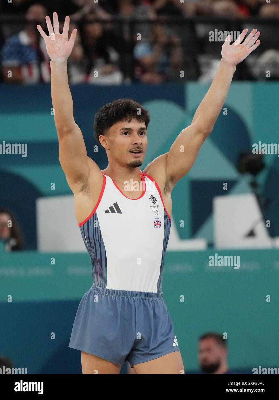 Paris, France. 03rd Aug, 2024. Jake Jarman of Great Britain reacts ...