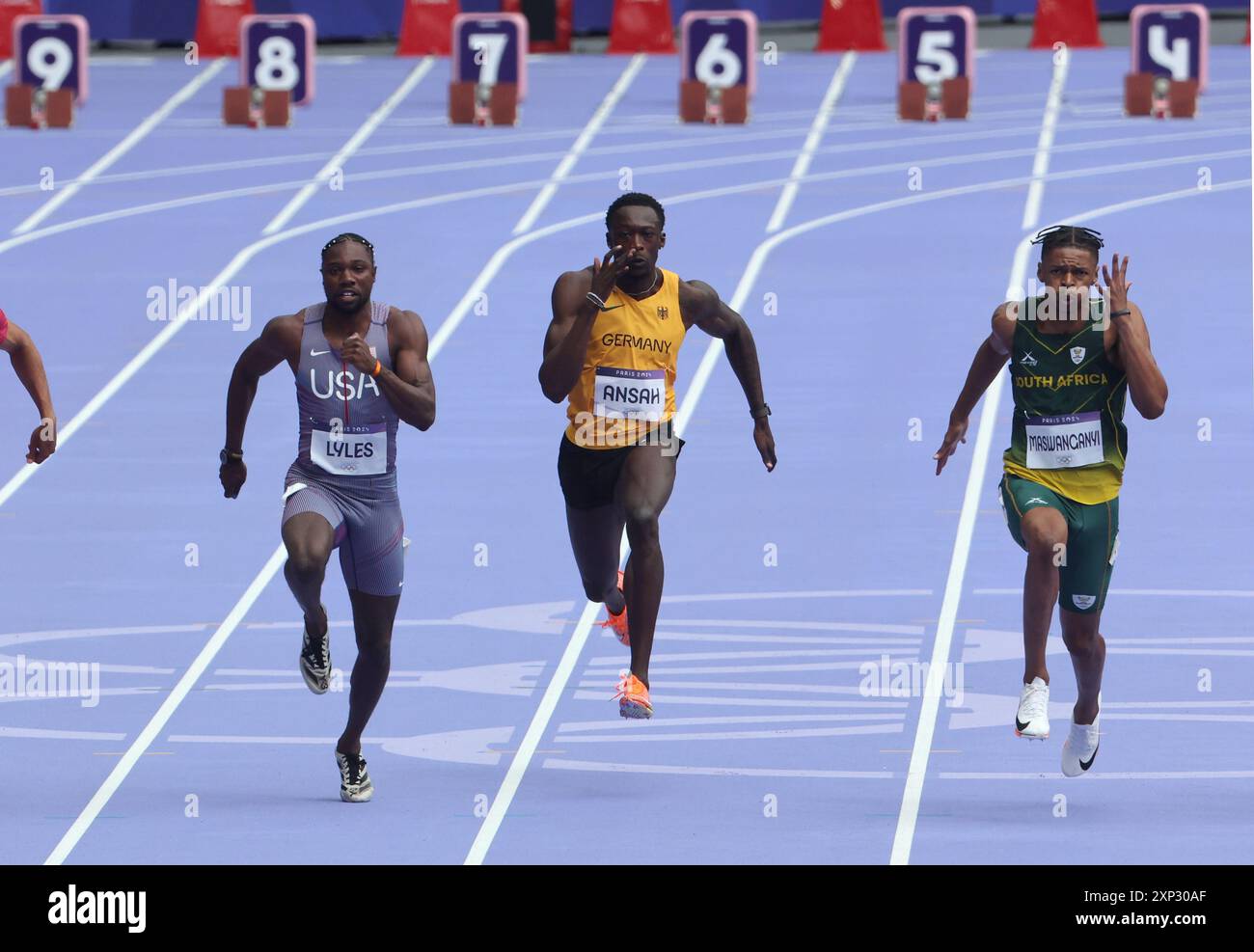 Paris, France. 03rd Aug, 2024. Noah Lyles of the US, Owen Ansah of Germany and Shaun Maswanganyi ...