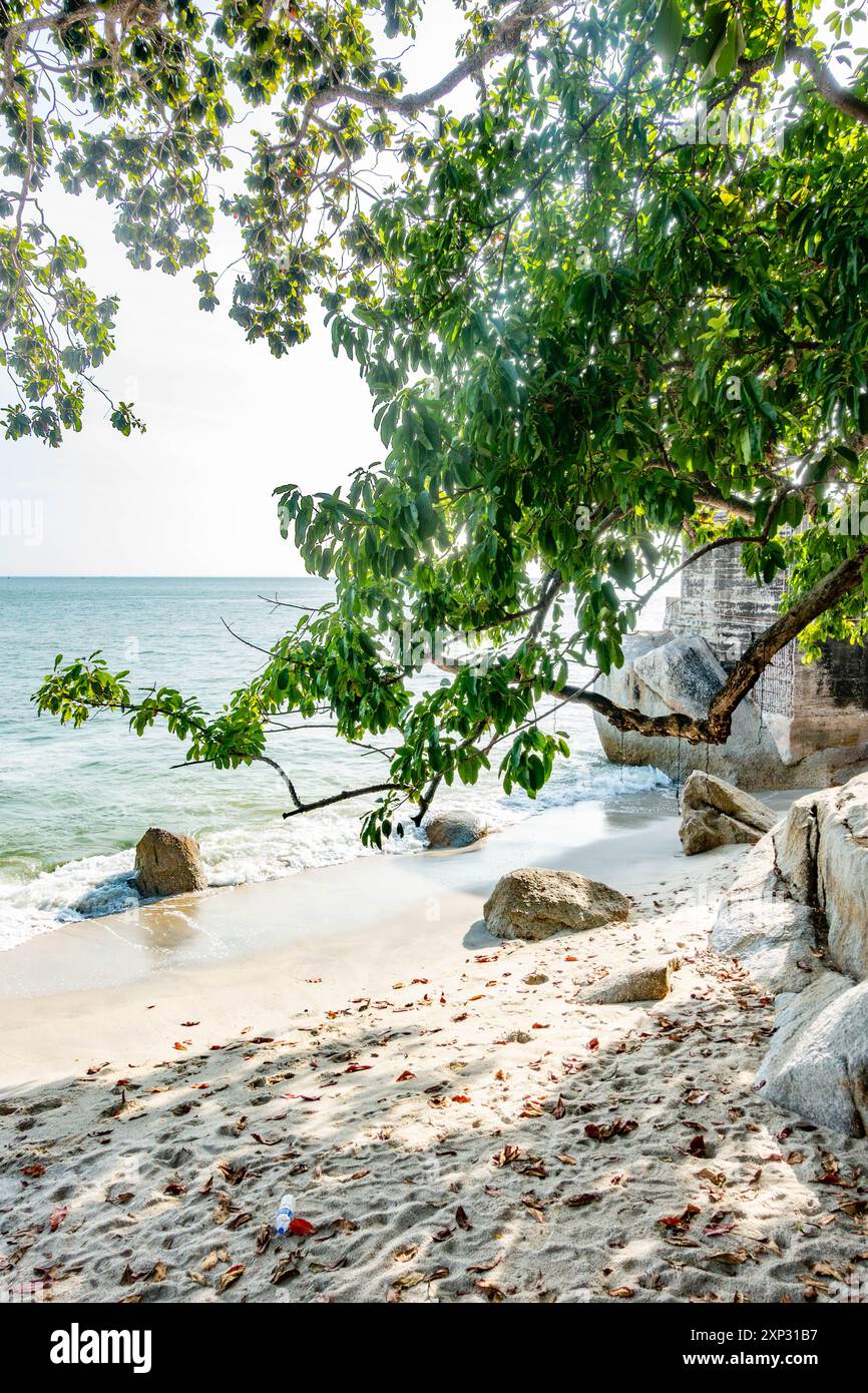 View of Tanjing Tokong beach in Penang, Malaysia, a tropical scene with ...