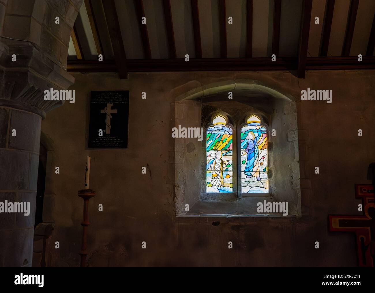 Coloured stained glass windows taken from the church interior at St ...