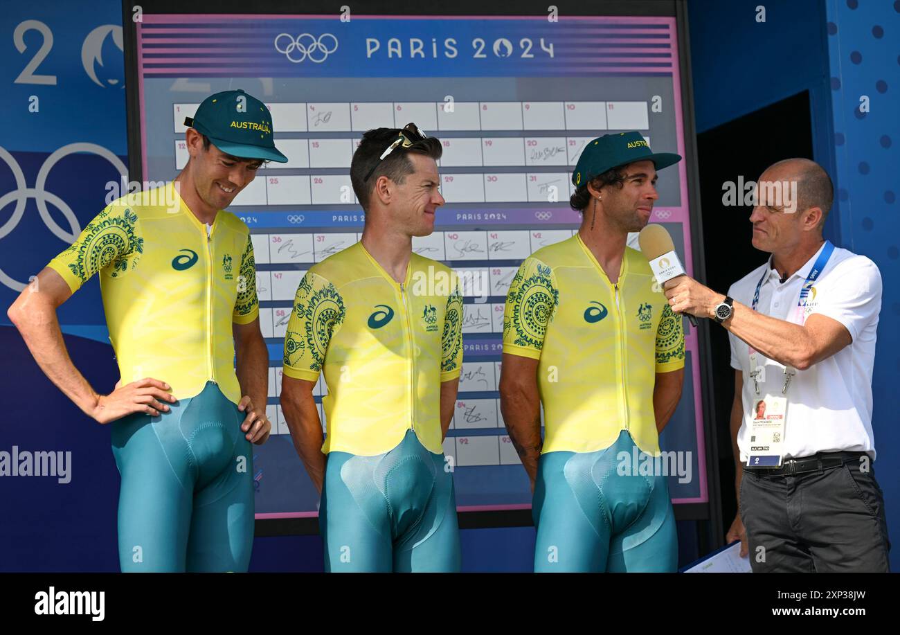 Paris, France. 3rd Aug, 2024. Ben O'Connor, Simon Clarke and Michael Matthews of Australia are ...