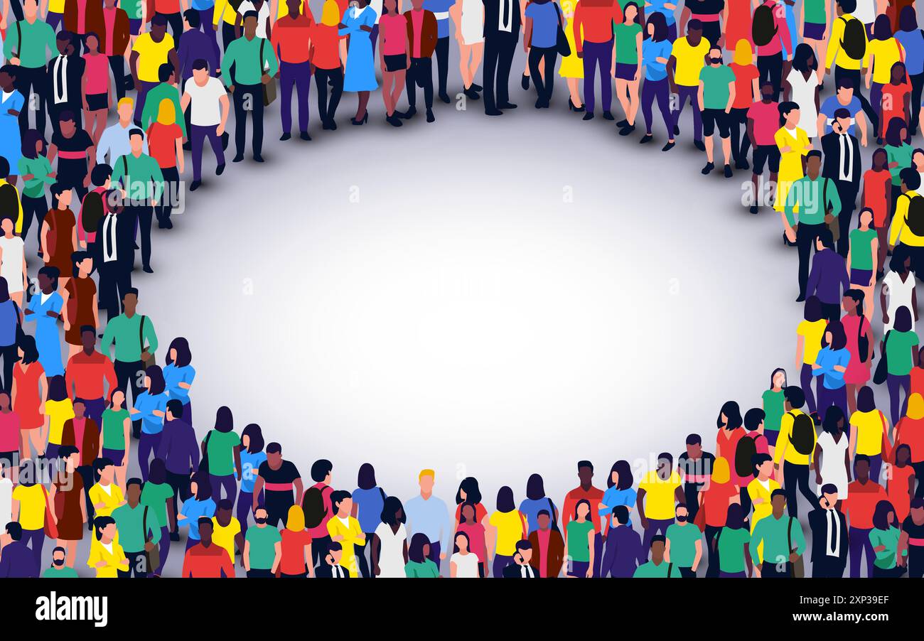 Large group of people in the shape of a circle on white background ...