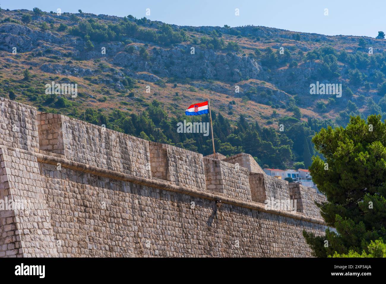 Croatian flag on historic City Walls which encircle the Old City of ...