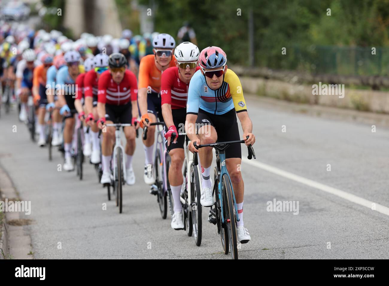 Paris, France. 3rd Aug, 2024. Tiesj Benoot (front) of Belgium competes ...