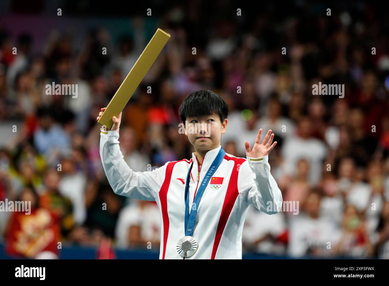 Silver medalist China's Sun Yingsha waves to the fans during the medal ...