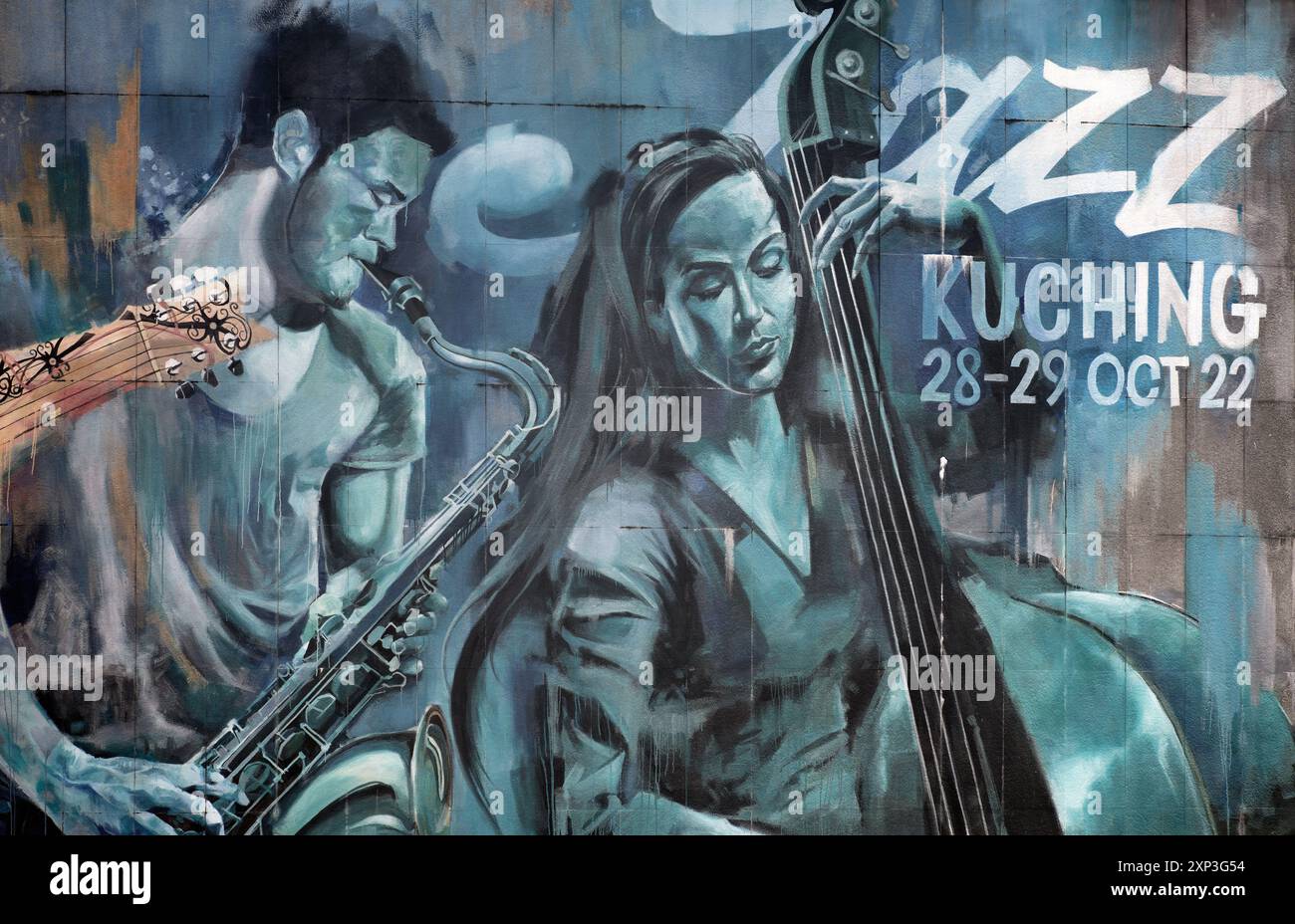 Mural of Jazz musicians players, with saxophone and double bass, Kuching riverside, Kuching ...