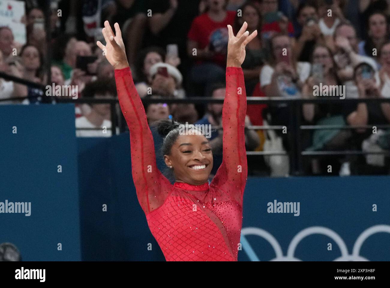 Paris, France. 03rd Aug, 2024. Simone Biles of the U.S. reacts after ...