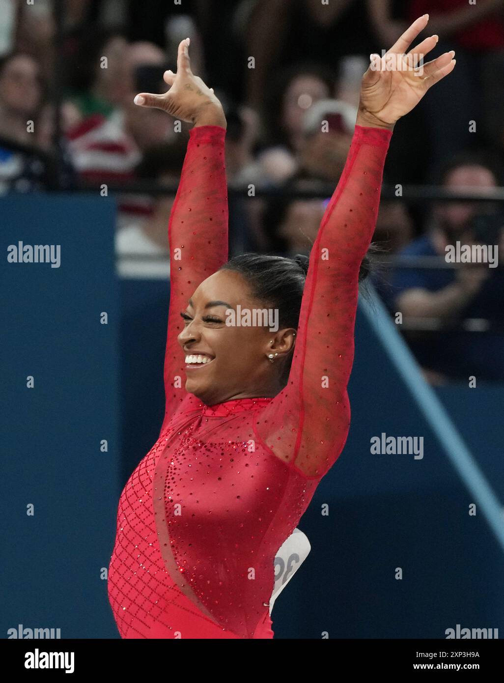 Paris, France. 03rd Aug, 2024. Simone Biles of the U.S. reacts after ...
