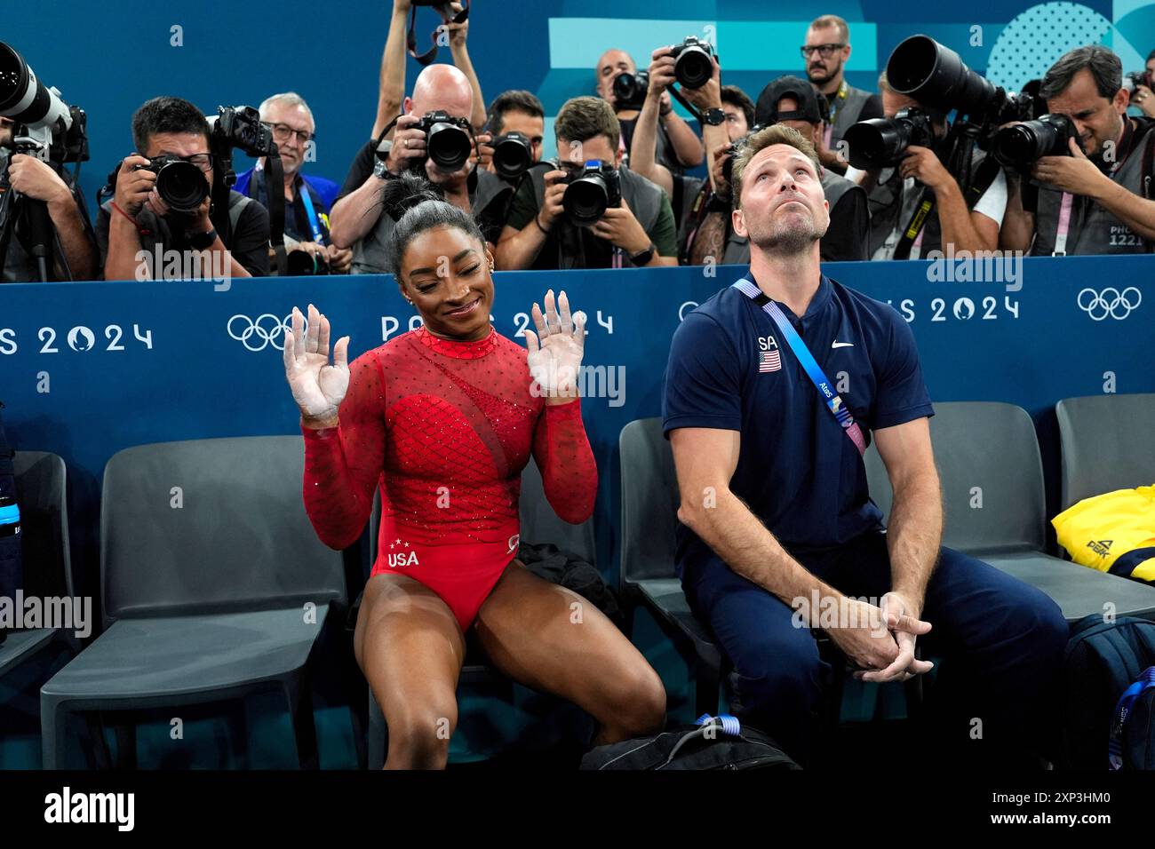 Simone Biles, of the United States, celebrates during the women's ...