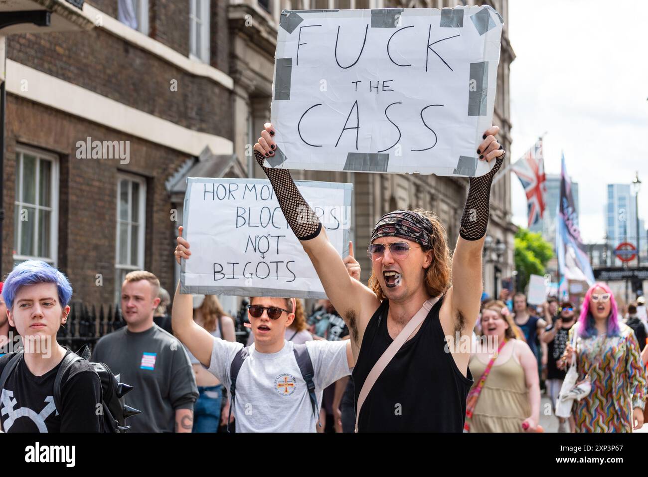 London, UK. 03 August 2024. Trans rights activists from ‘Trans Strike ...