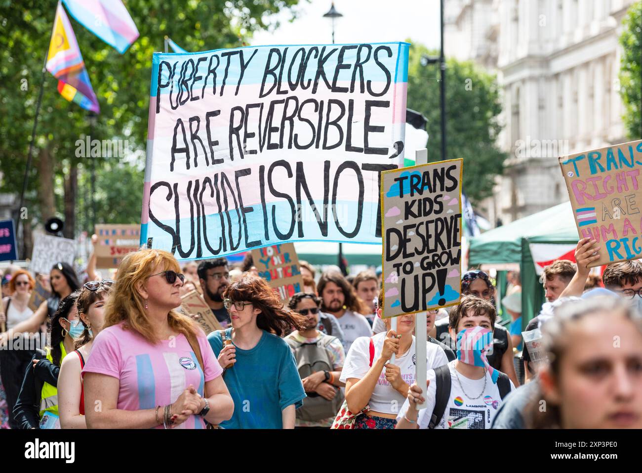 London, UK. 03 August 2024. Trans rights activists from ‘Trans Strike ...