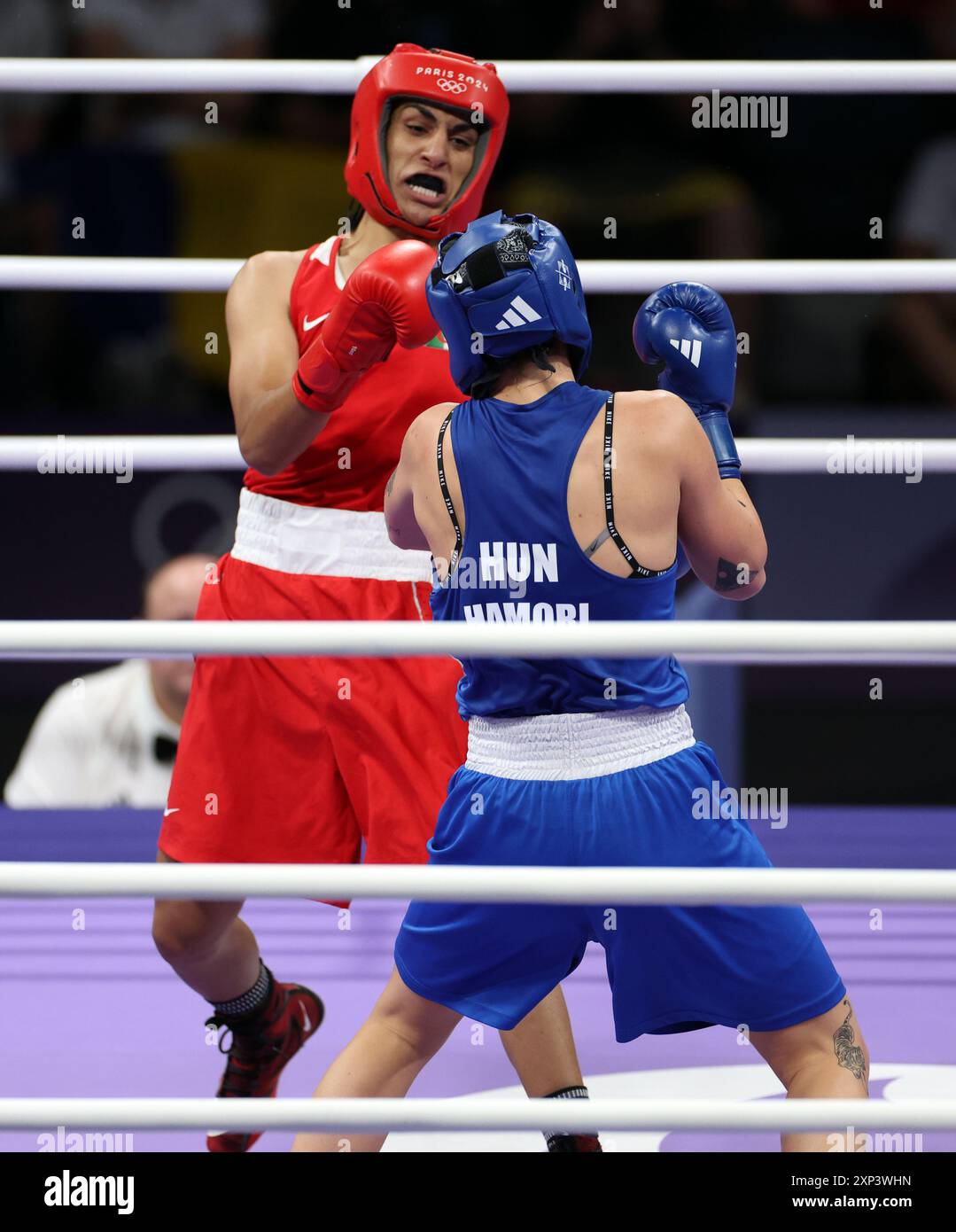 Algeria's Imane Khelif (left) and Hungary's Luca Anna Hamori during the ...