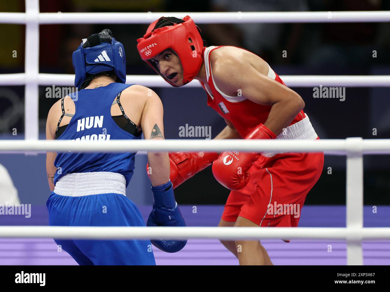 Algeria's Imane Khelif (right) and Hungary's Luca Anna Hamori during ...