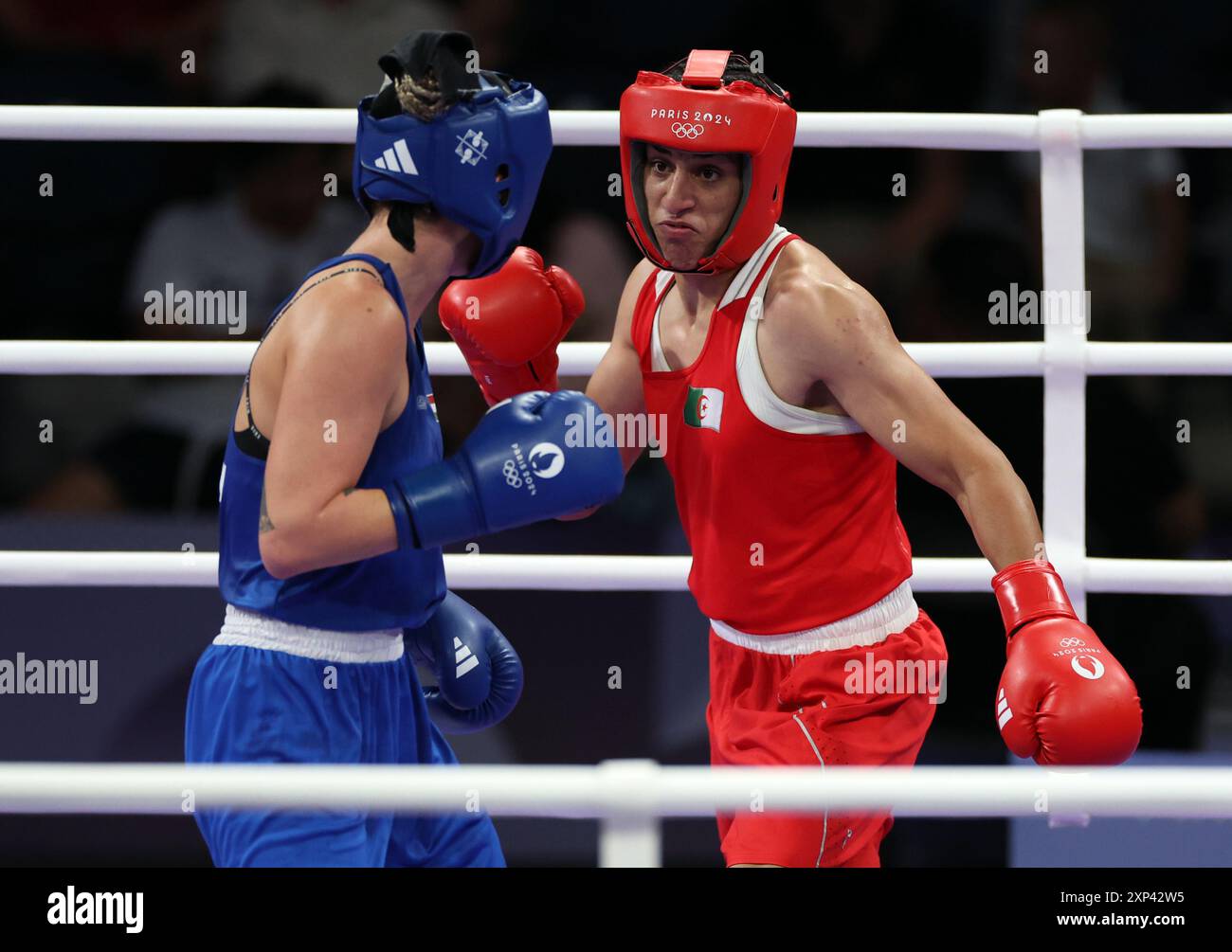 Algeria's Imane Khelif (right) and Hungary's Luca Anna Hamori during ...