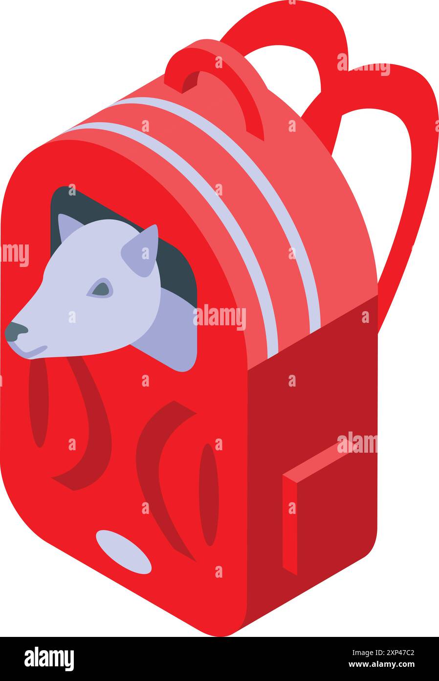 White fox is comfortably transported in a red travel backpack, enjoying ...