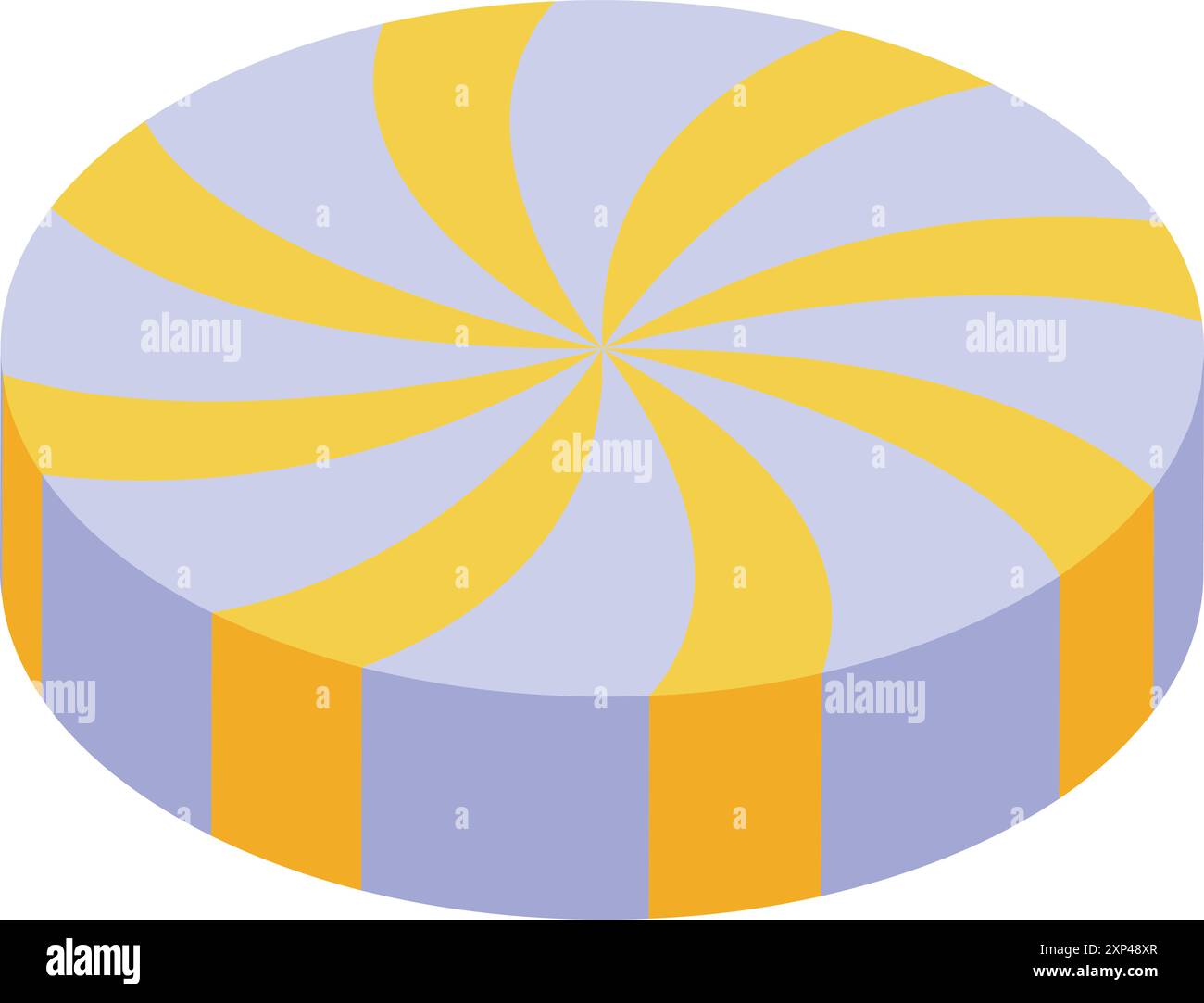 Round candy showing swirling yellow and purple pattern isolated on ...