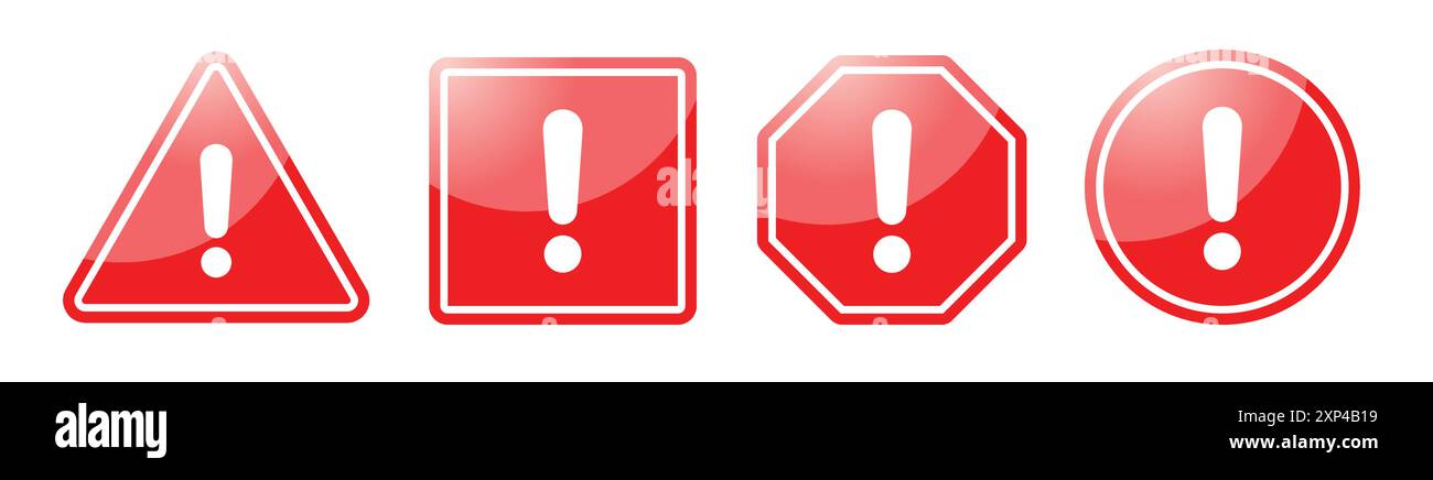 Hazard symbol in red color with exclamation symbol in shiny glossy ...