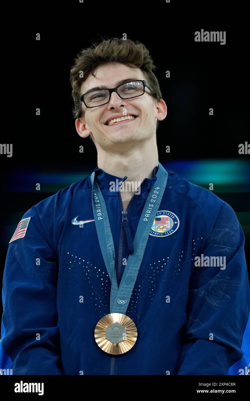 Stephen Nedoroscik, of the United States, celebrates after winning the ...