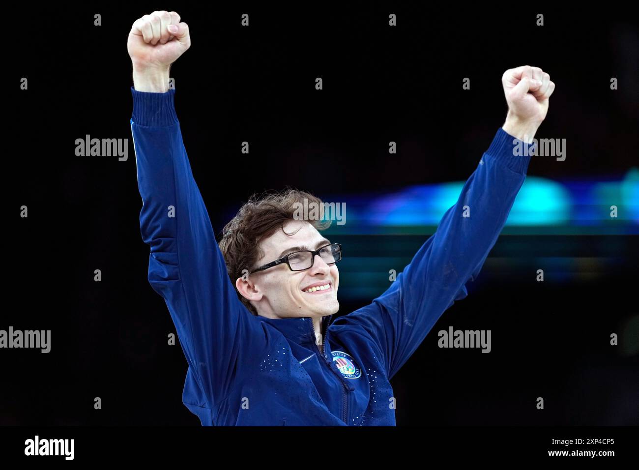 Stephen Nedoroscik, of the United States, celebrates after winning the ...