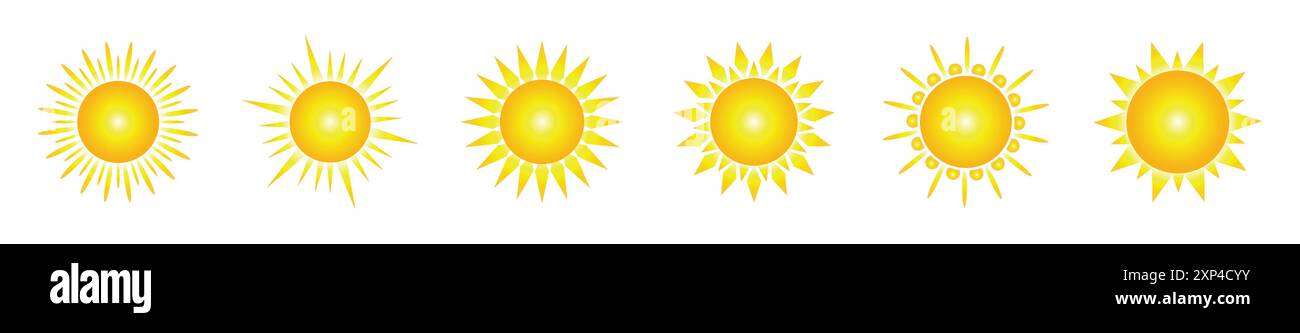 Sun vector set of six in yellow color in gradient style on white ...