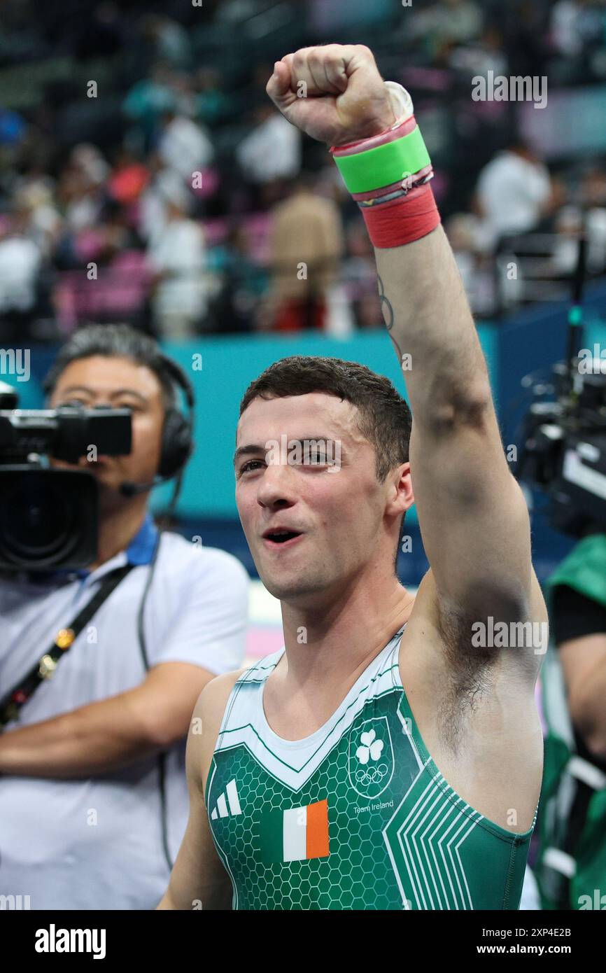 PARIS, FRANCE. 3rd Aug, 2024. Rhys McClenaghan of Team Ireland reacts ...