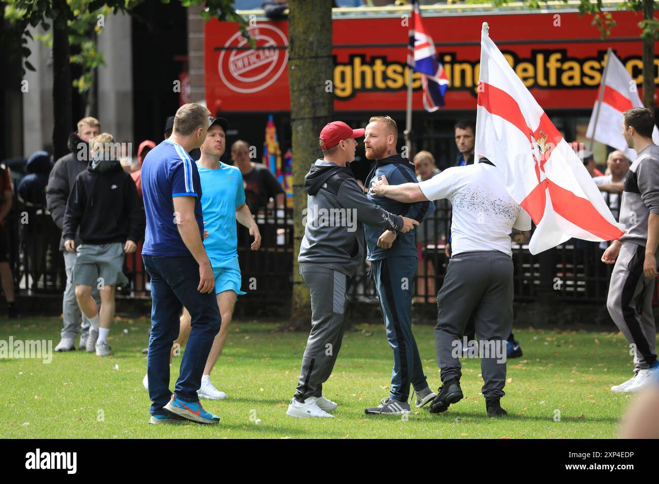 A counter protesters faces a man taking part in an anti-Islamic protest ...