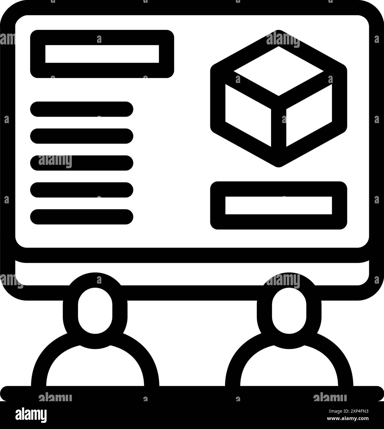 Two engineers are looking at a projection of a 3d model on a screen ...