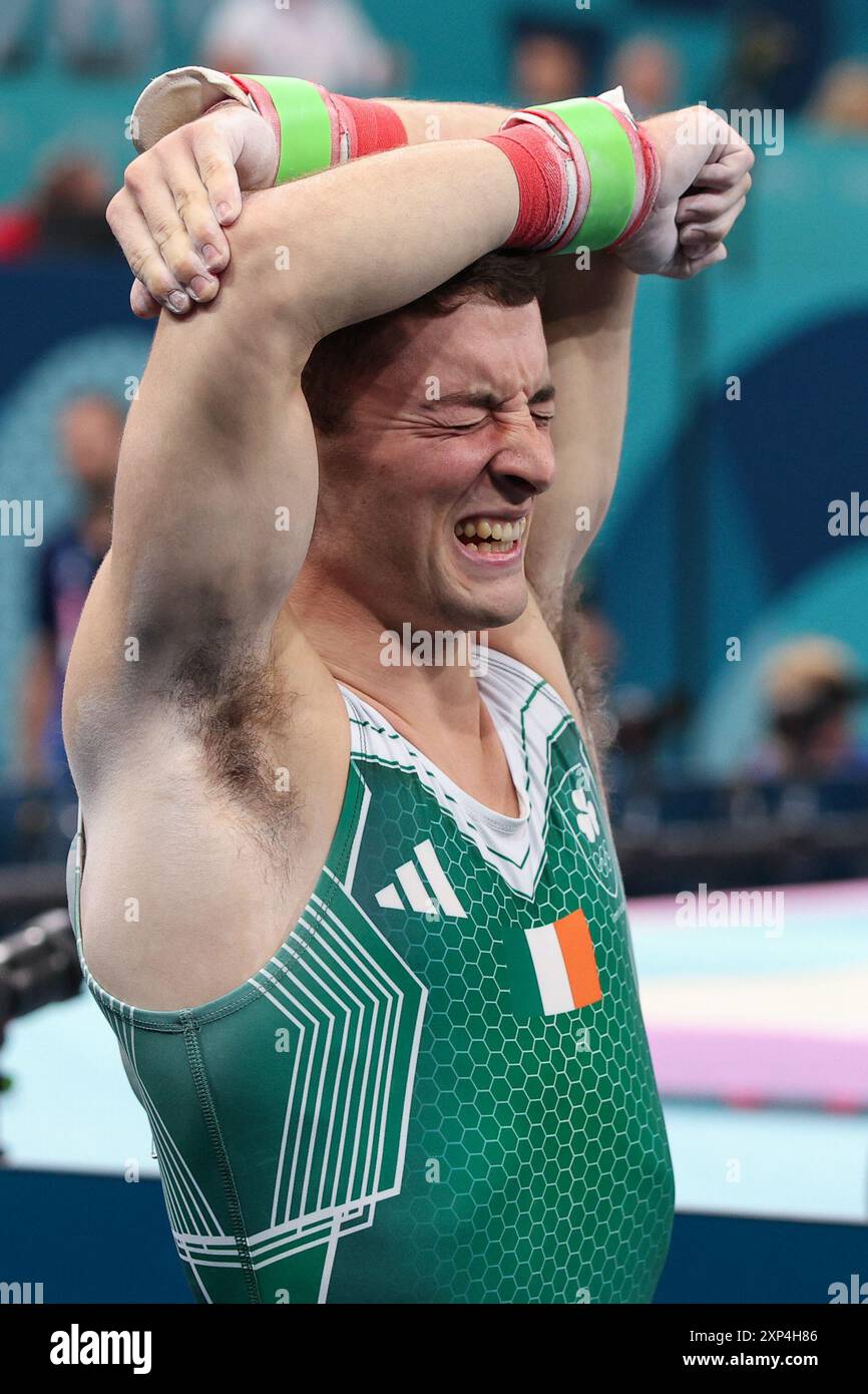 PARIS, FRANCE. 3rd Aug, 2024. Rhys McClenaghan of Team Ireland reacts ...