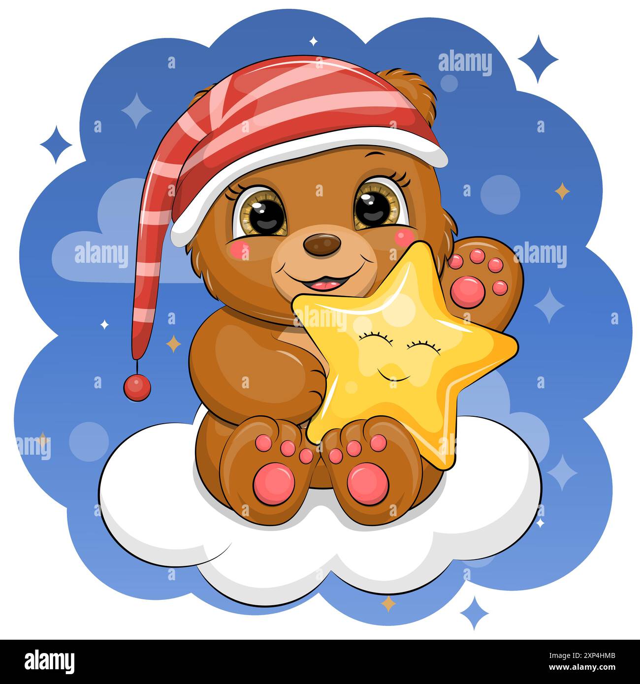 Cute cartoon brown bear is wearing a nightcap and holding a yellow star ...