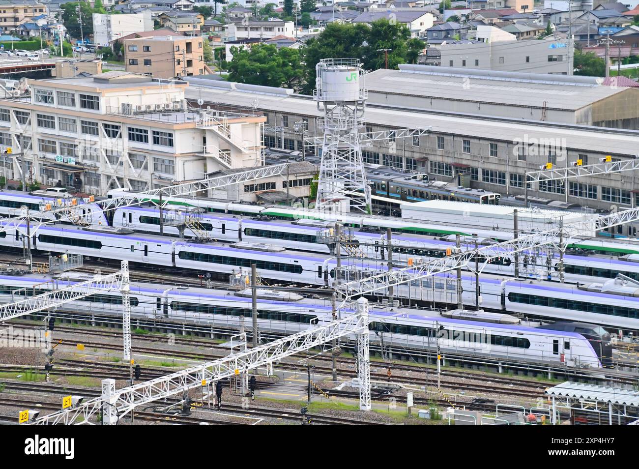 Aerial View of Train Station with Japanese Trains on Rail Tracks Stock ...