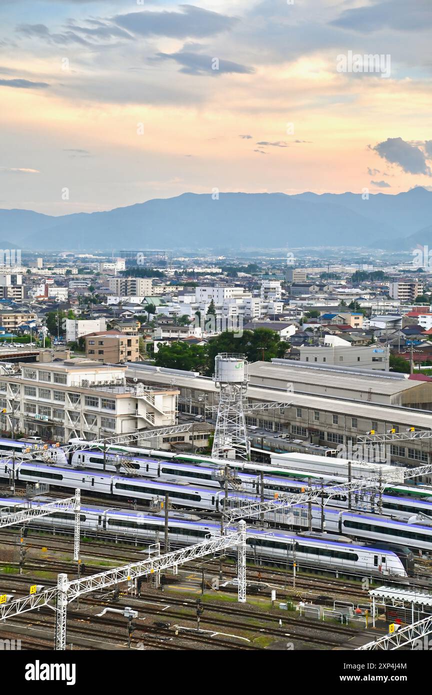 Aerial View of Train Station with Japanese Trains on Rail Tracks During ...