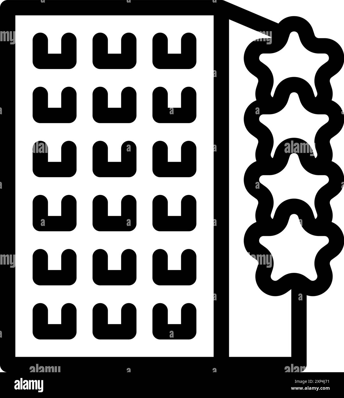 Line icon of a hotel building with five stars indicating a high quality ...