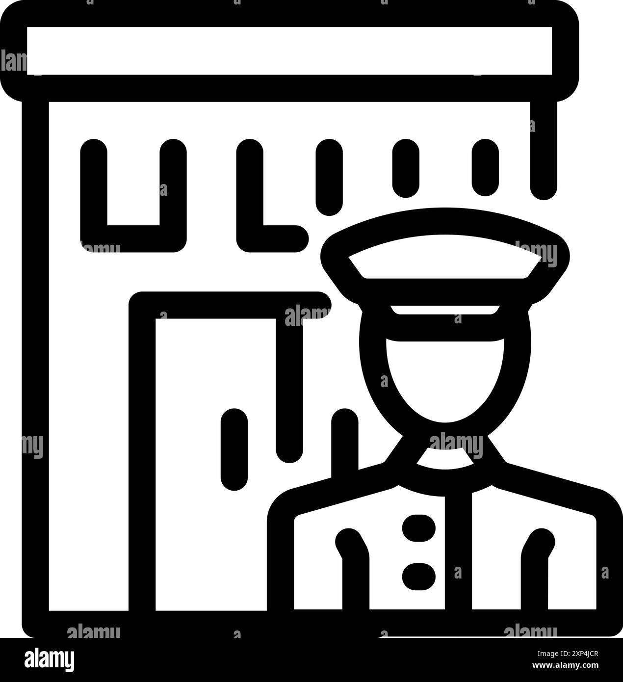 Line art icon of a security guard standing in front of a building ...