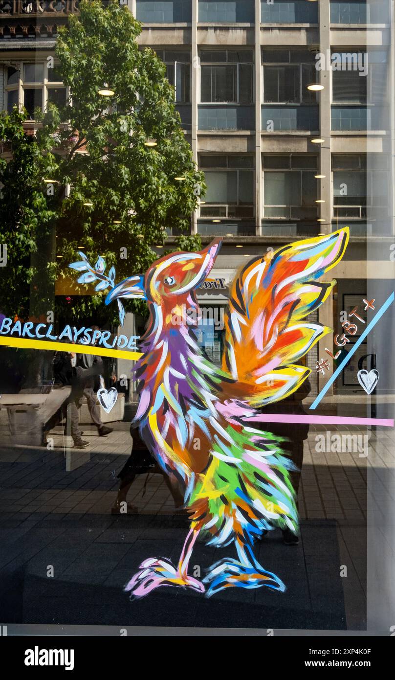 LBGT colourful bird illustration in Barclays Bank window Liverpool ...