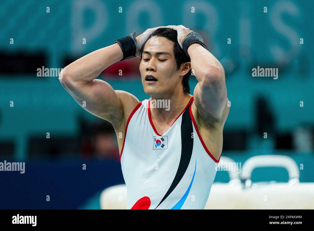 Hur Woong of South Korea gestures during the Artistic Gymnastics Men's ...