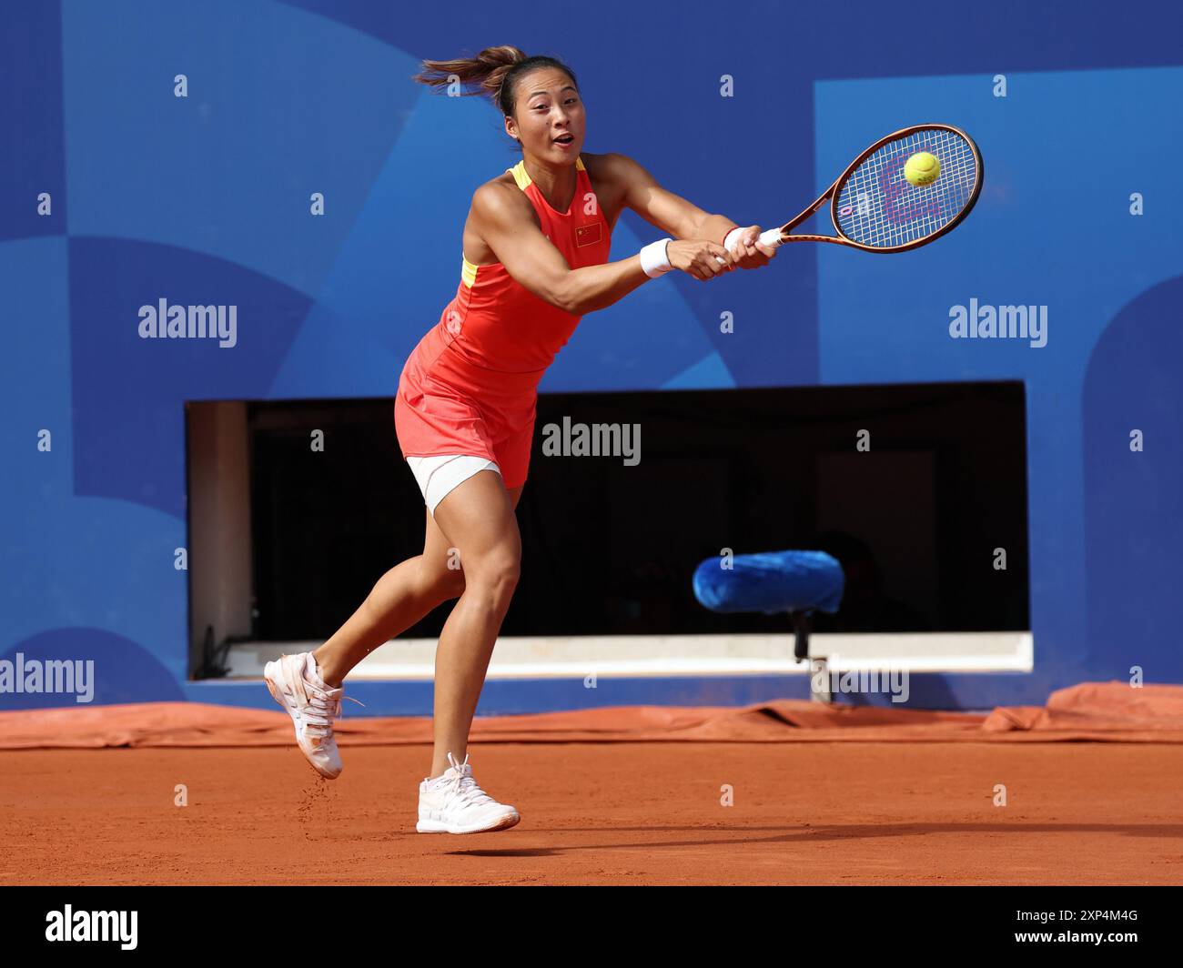 Paris, France. 03rd Aug, 2024. China's Qinwen Zheng plays a backhand in ...
