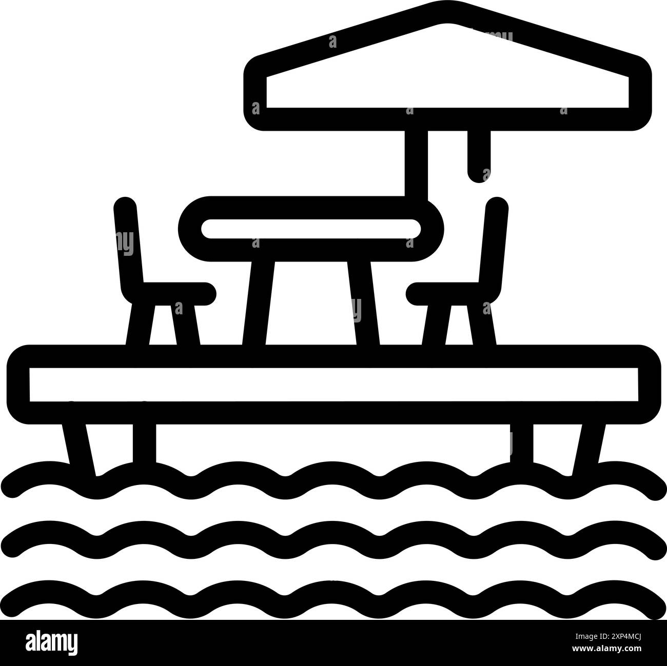 Simple outline icon of a pier with furniture over water, evoking a ...