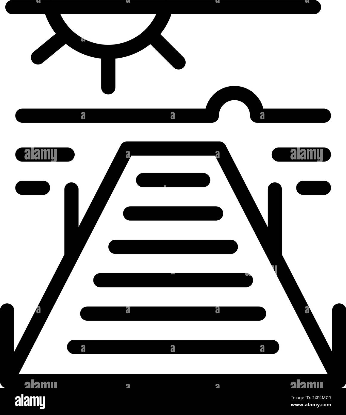 Simple line art icon of a pier leading to the sea with a bright sun ...