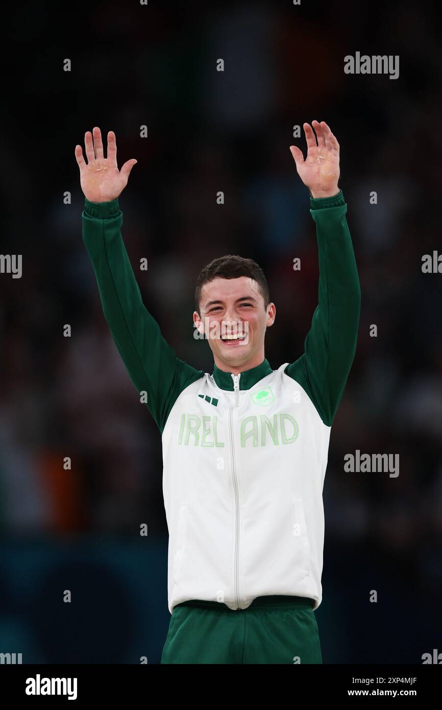 PARIS, FRANCE. 3rd Aug, 2024. Rhys McClenaghan of Team Ireland reacts ...