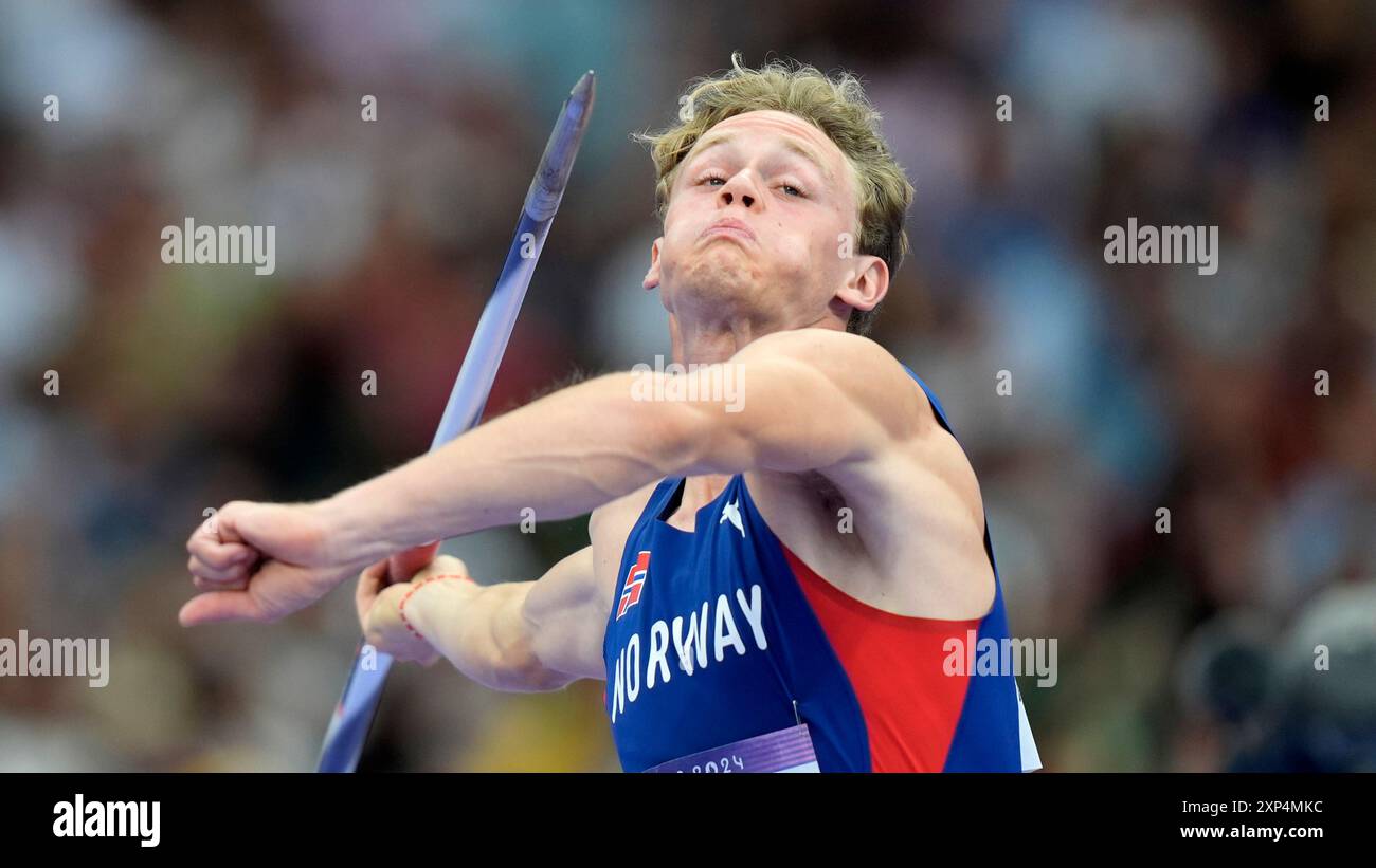 Sander Skotheim, of Norway, competes in the decathlon javelin throw at ...