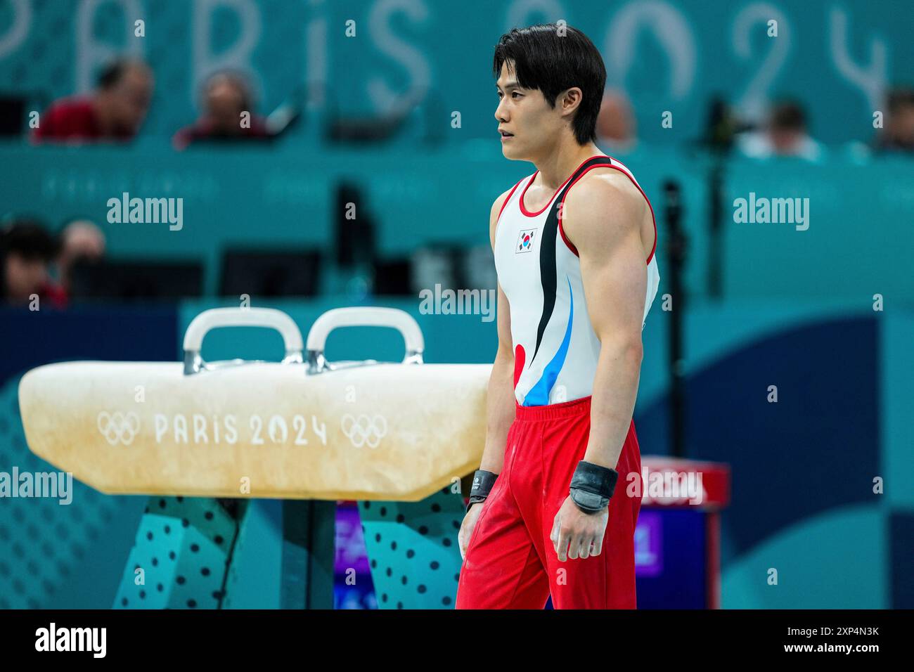 Hur Woong of South Korea gestures during the Artistic Gymnastics Men's ...