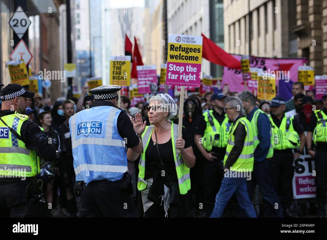 Manchester, UK. 8th August, 2024. Stand up to racism hold a counter ...