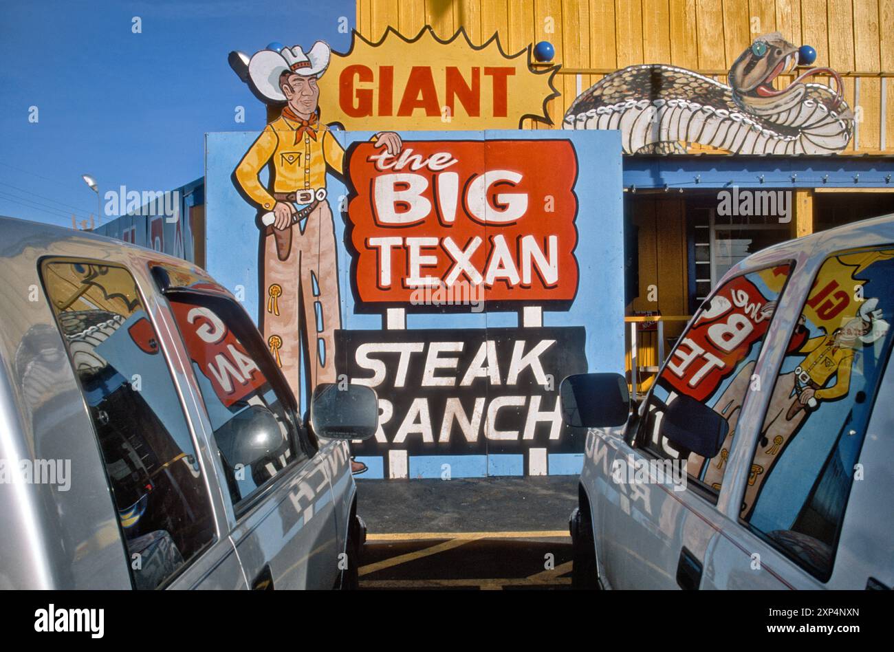 Restaurant sign at Big Texan Steak Ranch on Route 66 in Amarillo, Texas ...